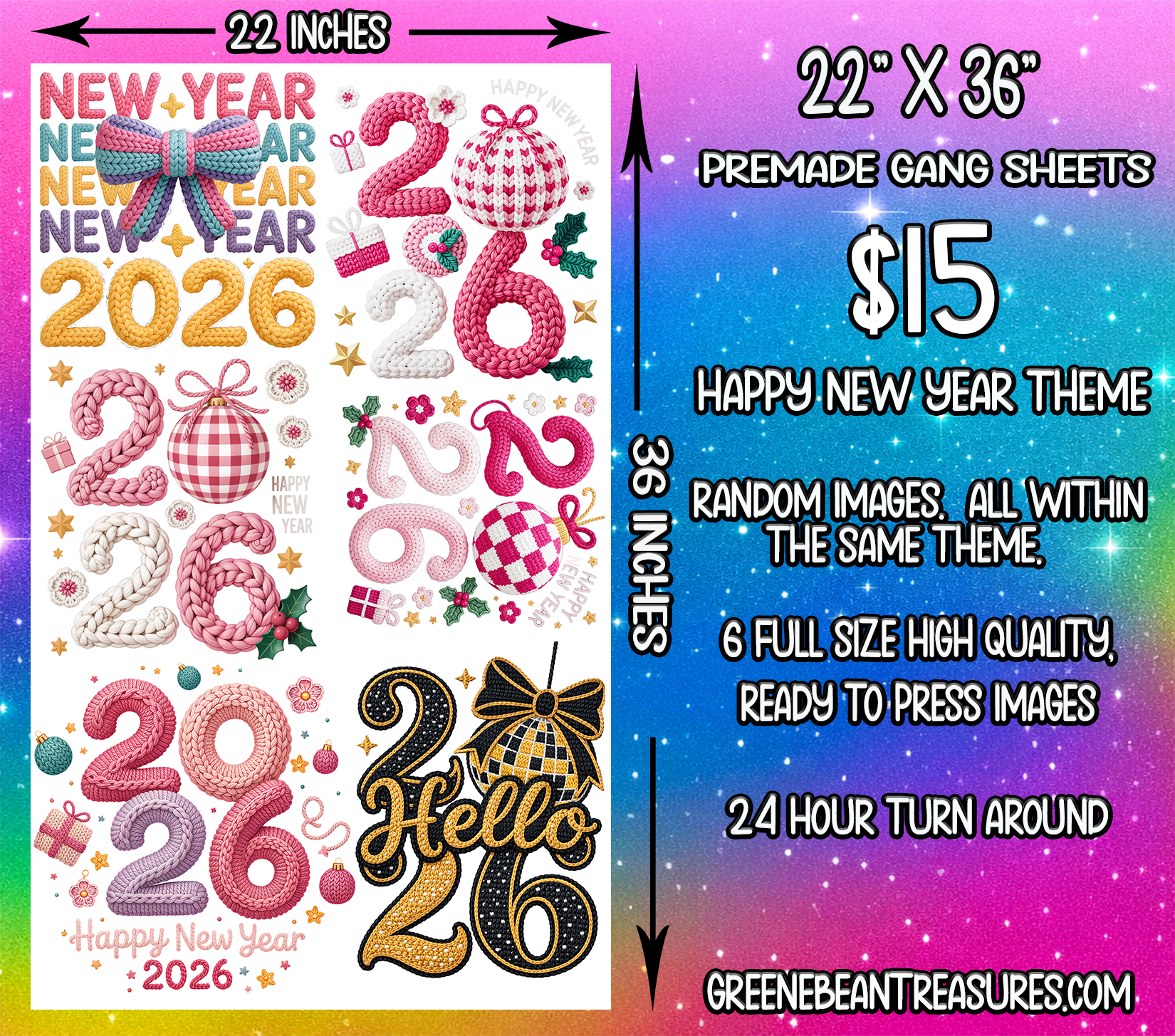 New Years 2026 Pre-made Gang Sheet 3 – Greenebean Treasures